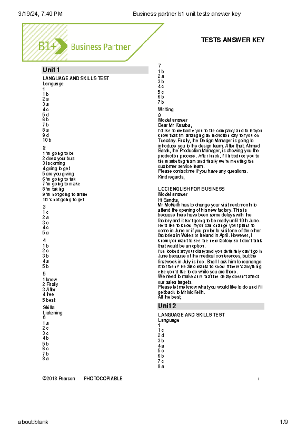 LCCI ENGLISH FOR BUSINESS: Unit Tests Answer Key - Studocu