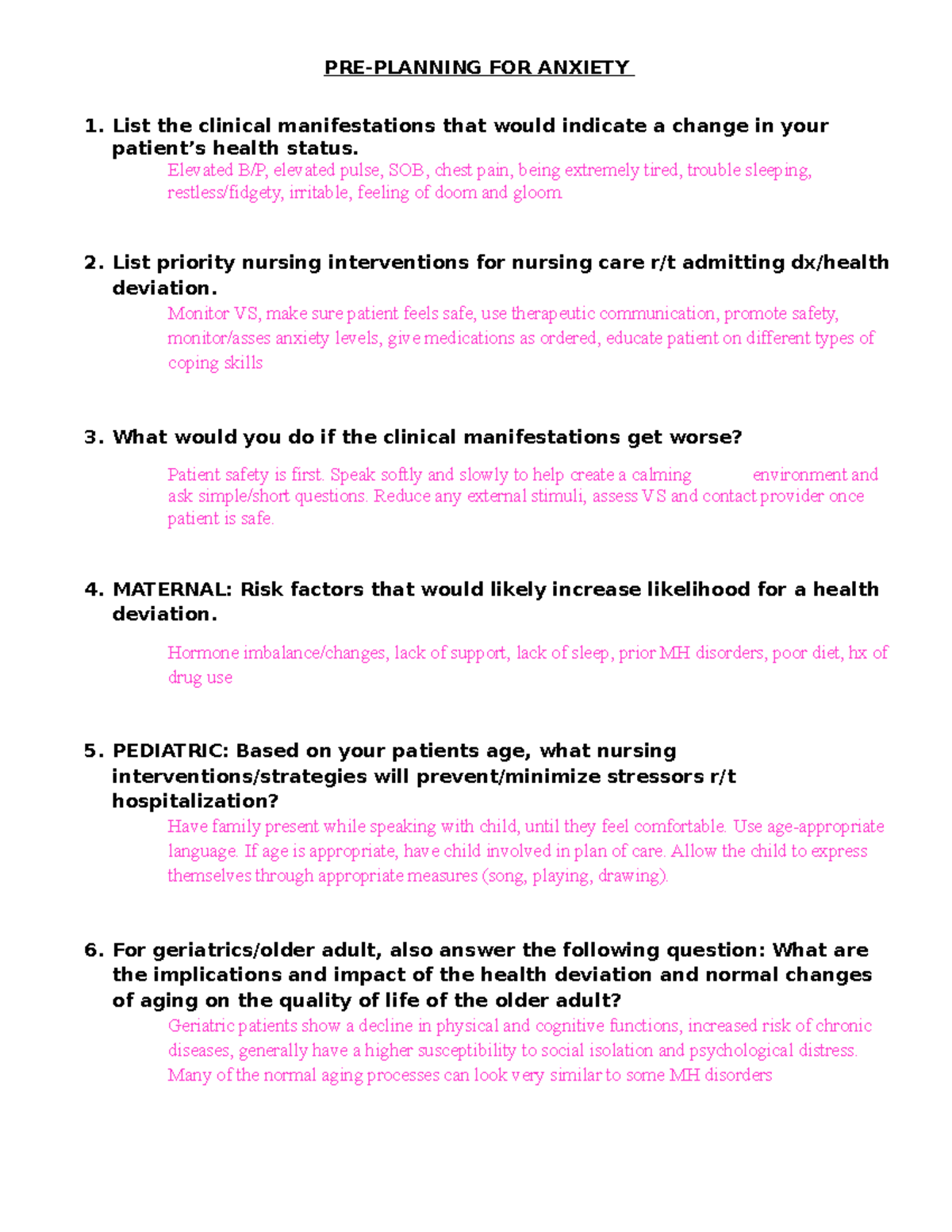 Nursing Care Plan for Anxiety Management - Pre-planning/Care Planning ...