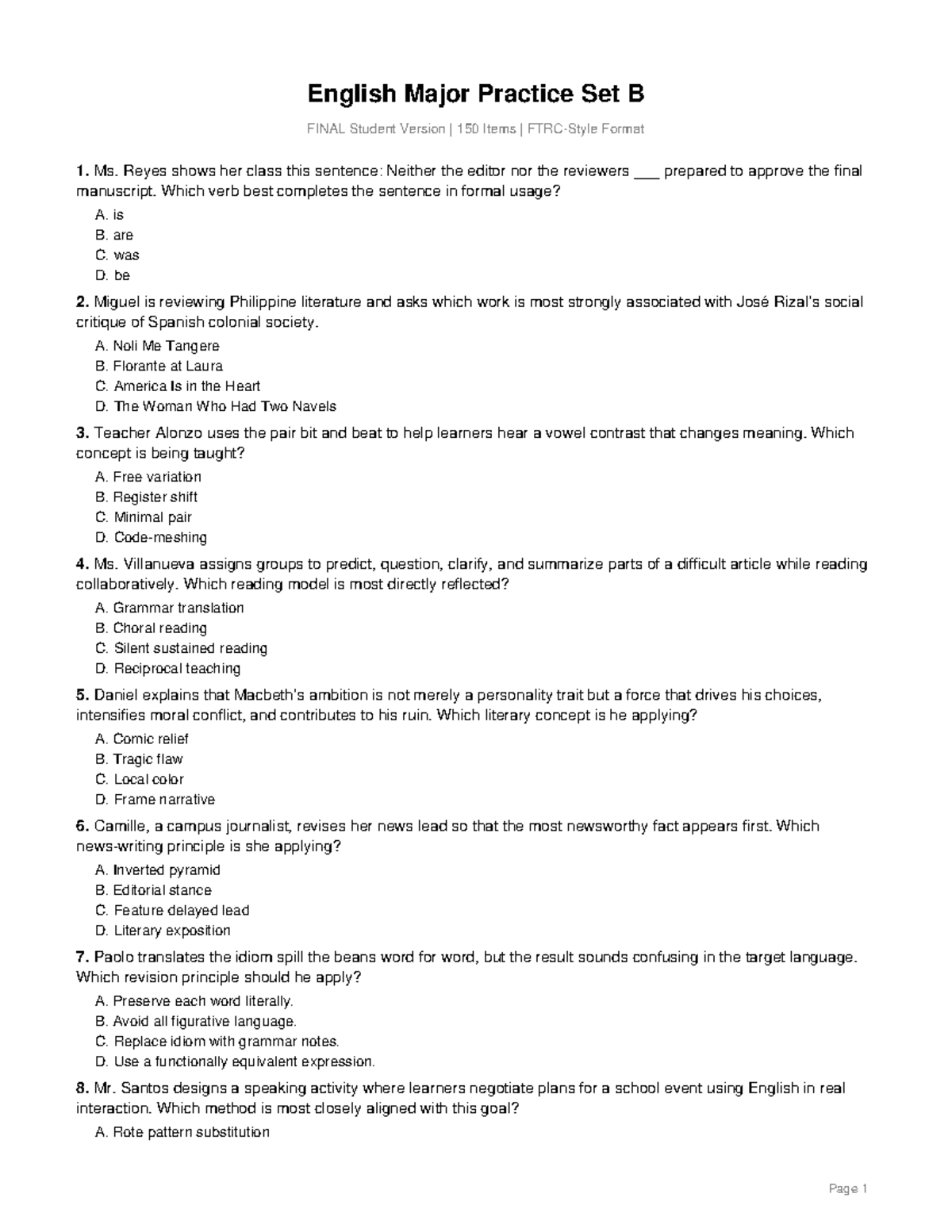 English Major Practice Set B FINAL Exam 150 Items - Studocu