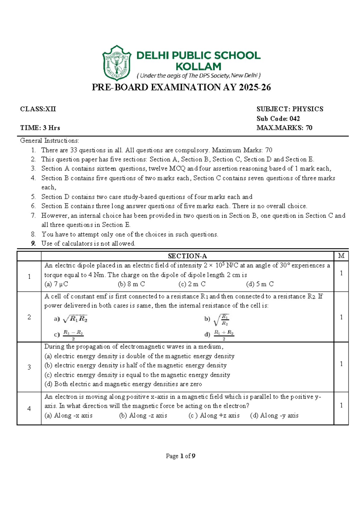 Physics Class XII Exam Paper (Sub Code: 042) - Max Marks: 70 - Studocu