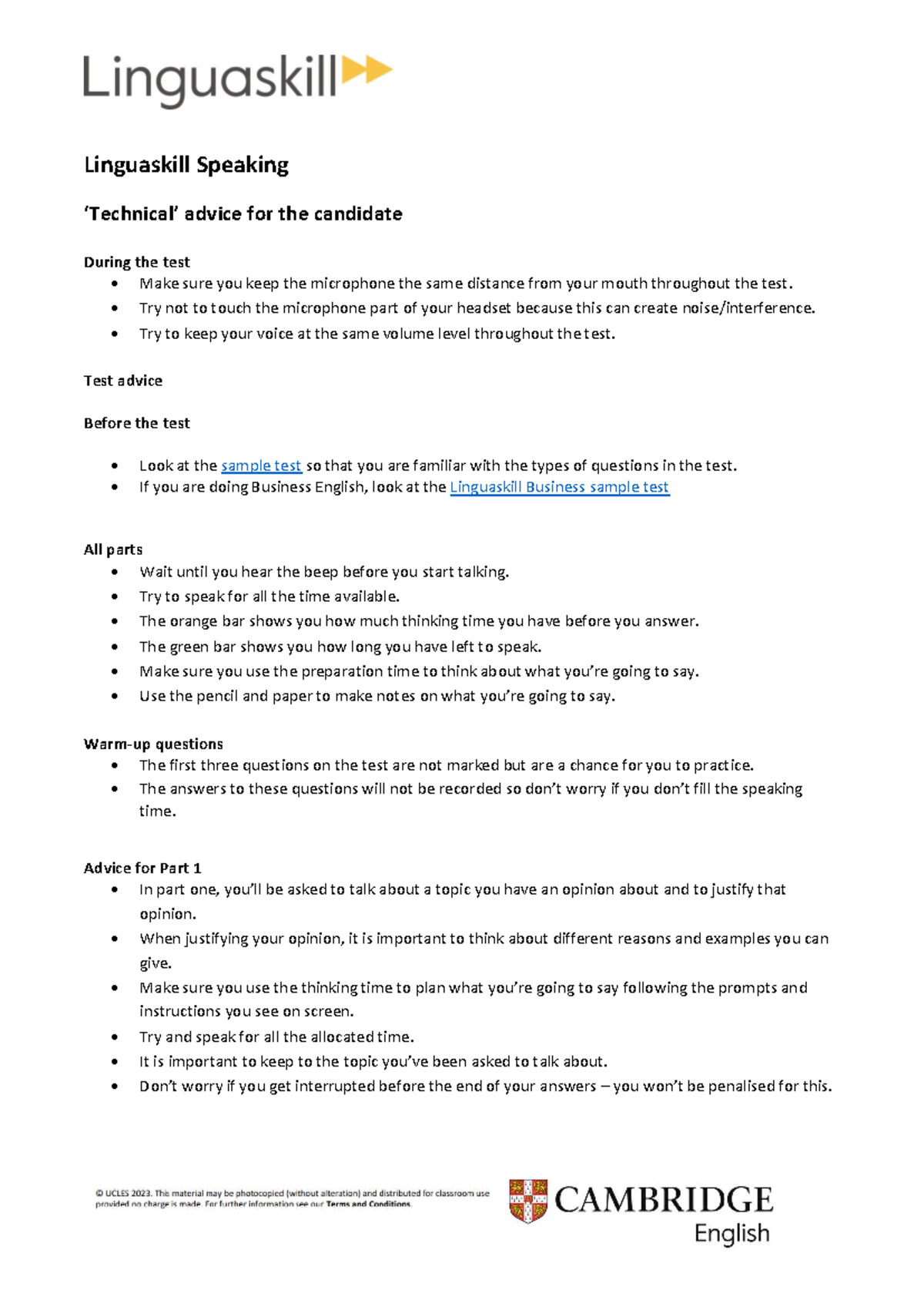 Linguaskill Speaking Test: Candidate Preparation Tips - Studocu