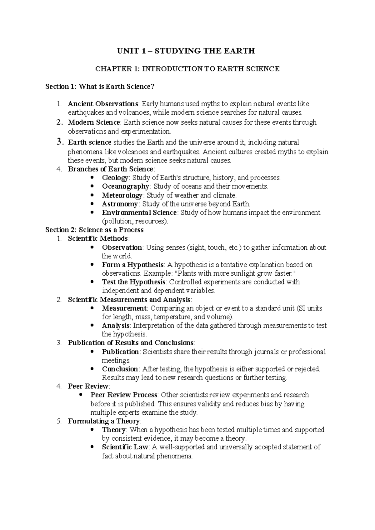 UNIT 1 - Earth Science (Final Exam Review) - Studocu