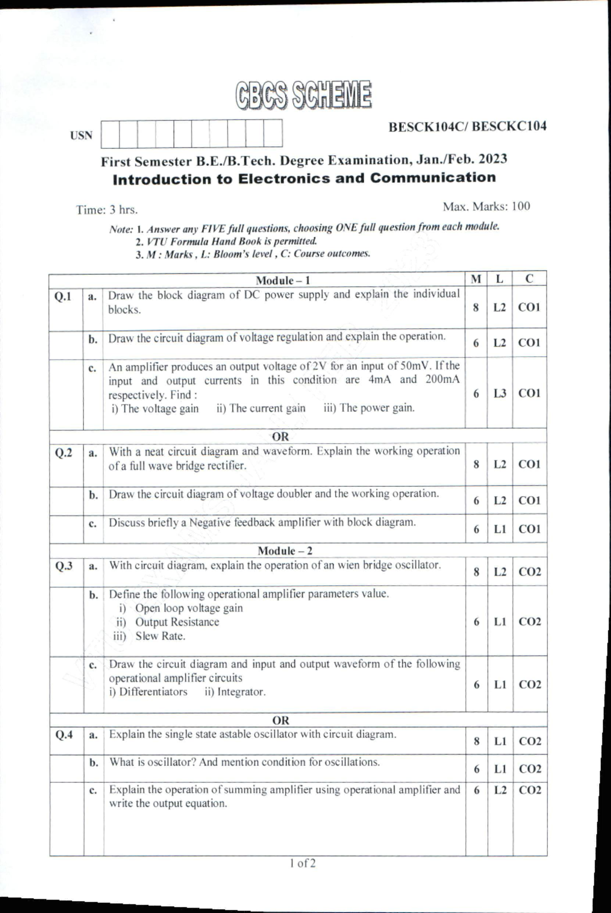 Besckc 204C Old QP - Model Question Paper for Electronics Exam 2023 - Studocu