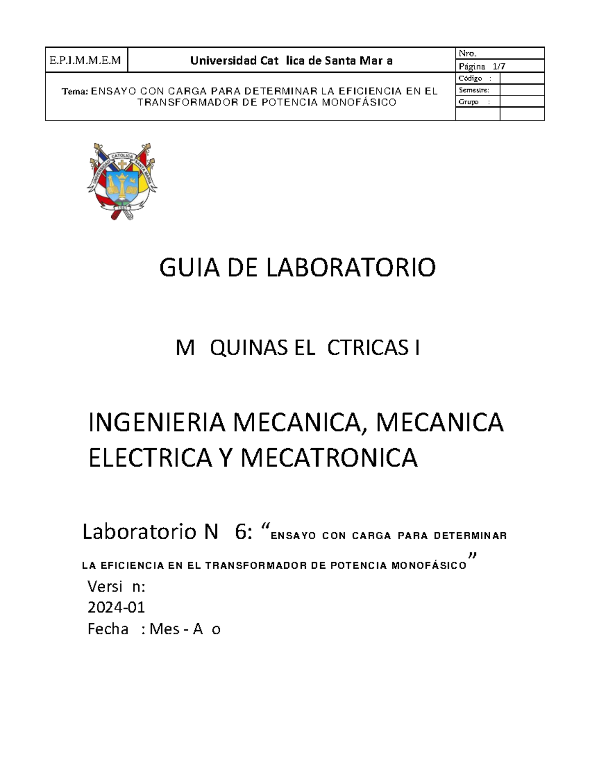 Guía de Laboratorio 6: Eficiencia en Transformador Monofásico - E.P.I.M.M.E.M - Studocu