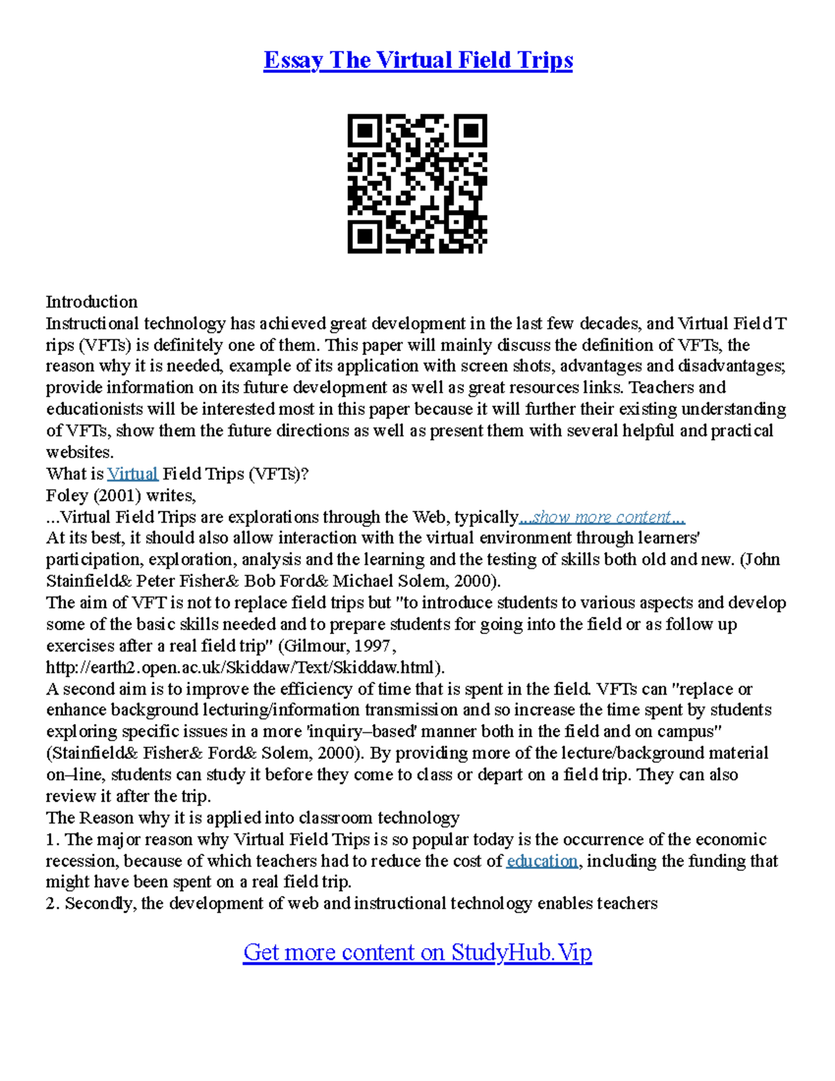 Field Trip Essay - Essay The Virtual Field Trips Introduction ...