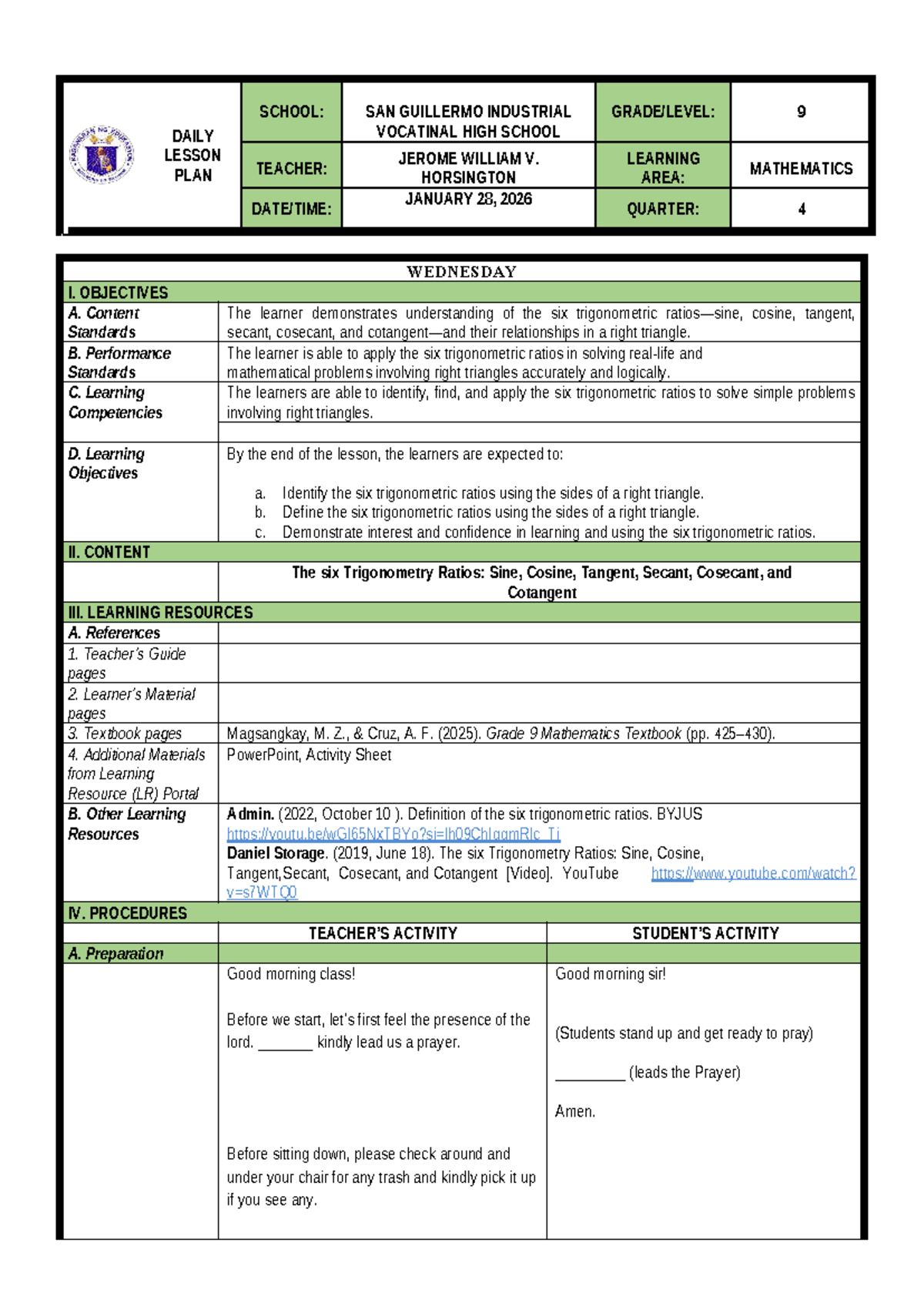 Quarter 4 Daily Lesson Plan: Trigonometric Ratios in Math (Grade 9 ...