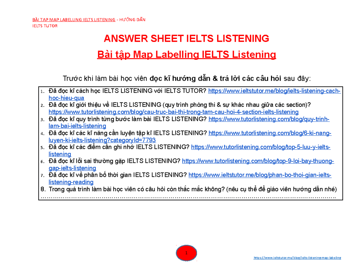 Answer Sheet Ielts Listening BÀI TẬP MAP Labelling Ielts Listening ...