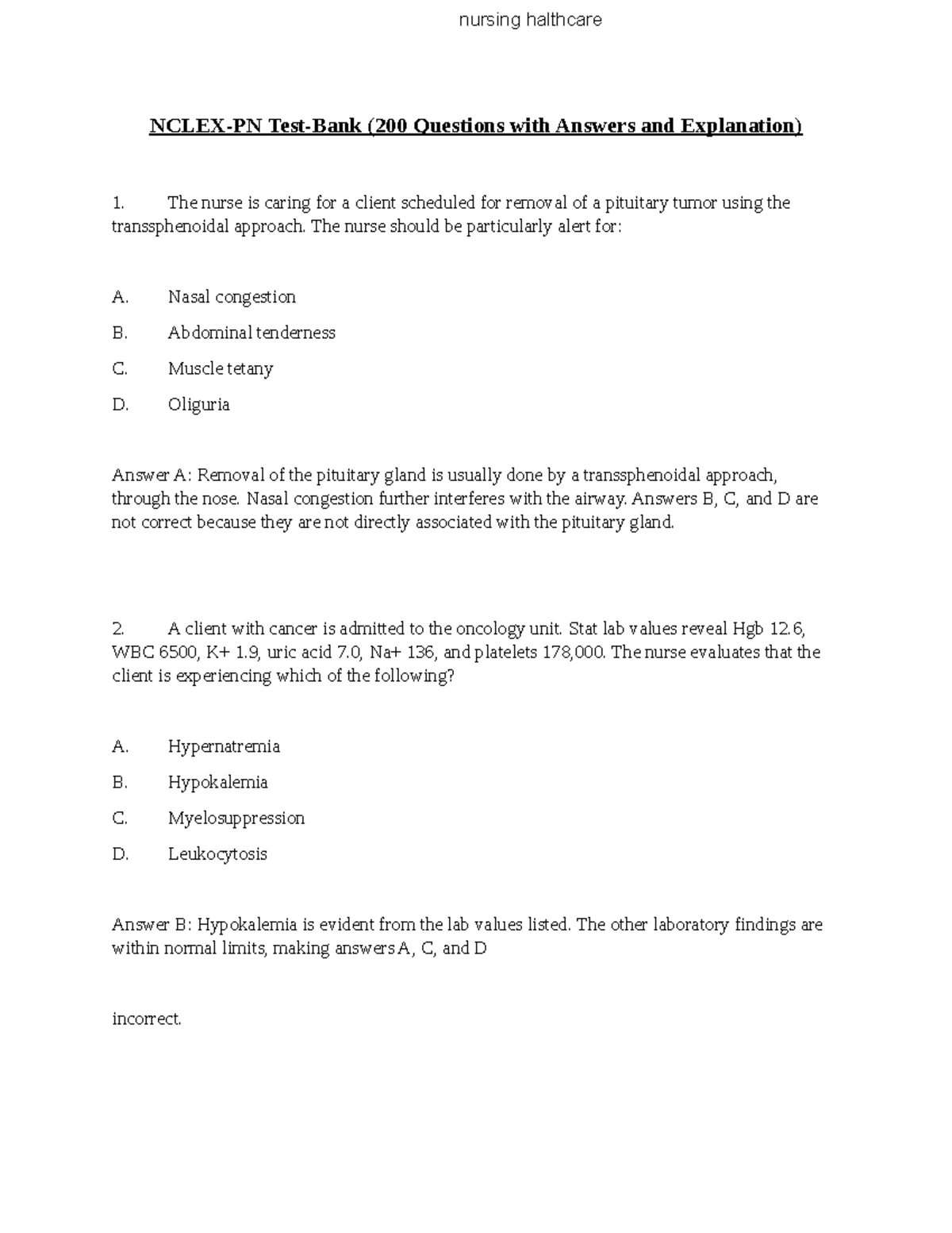 NCLEX-PN Test Bank Study Guide: 200 Q&A with Explanations - Studocu