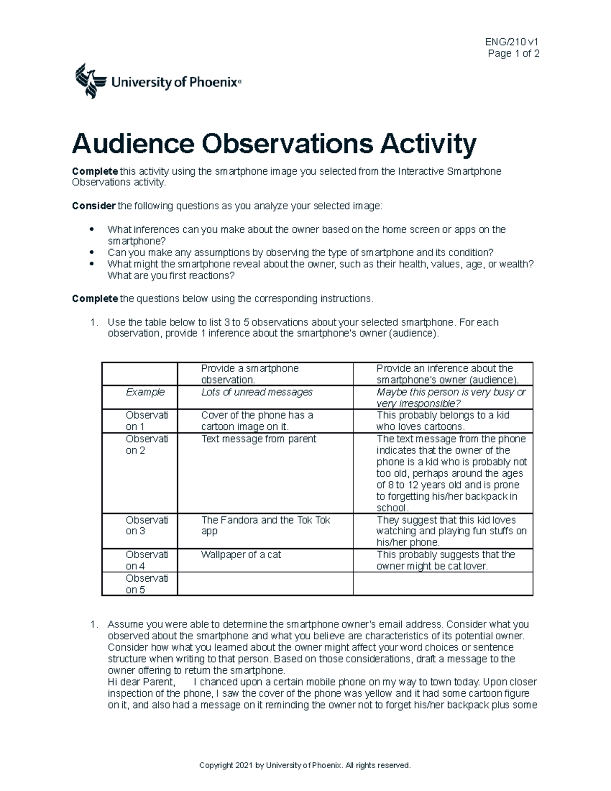 Eng210 v1 wk1 audience observations activity - ENG/210 v Page 1 of 2 ...