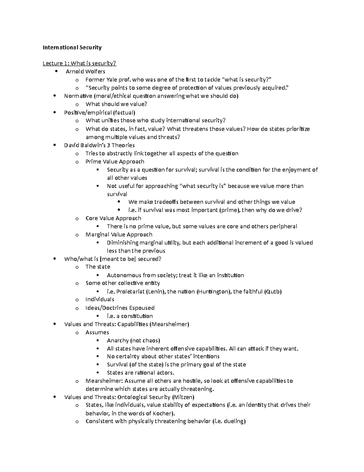 International Security Lecture Notes - INS 101: Theories & Power ...