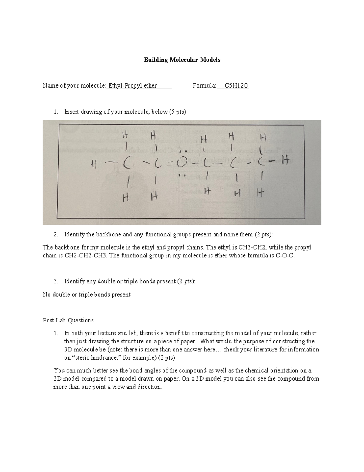 Molecular Models Lab Report: Ether (C5H12O) Analysis - Studocu