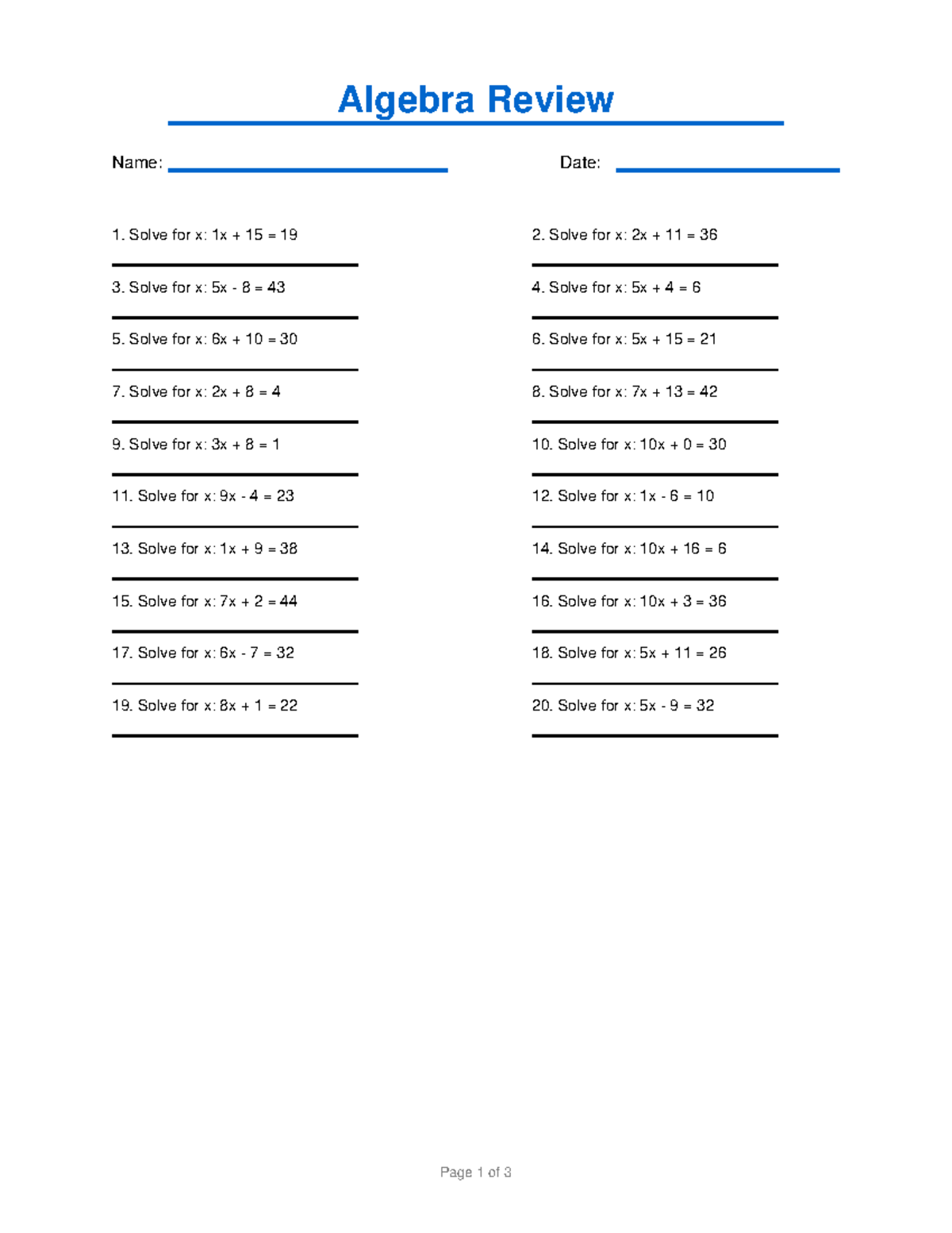 Algebra Review 10 - Practice Problems and Answer Key - Studocu