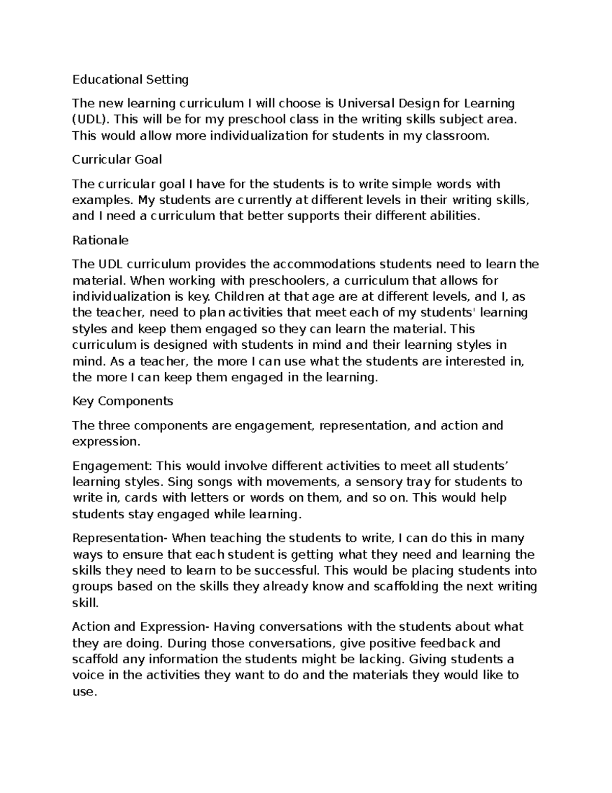 Designing UDL Curriculum for Preschool Writing Skills (EDU 2 Task 1 ...