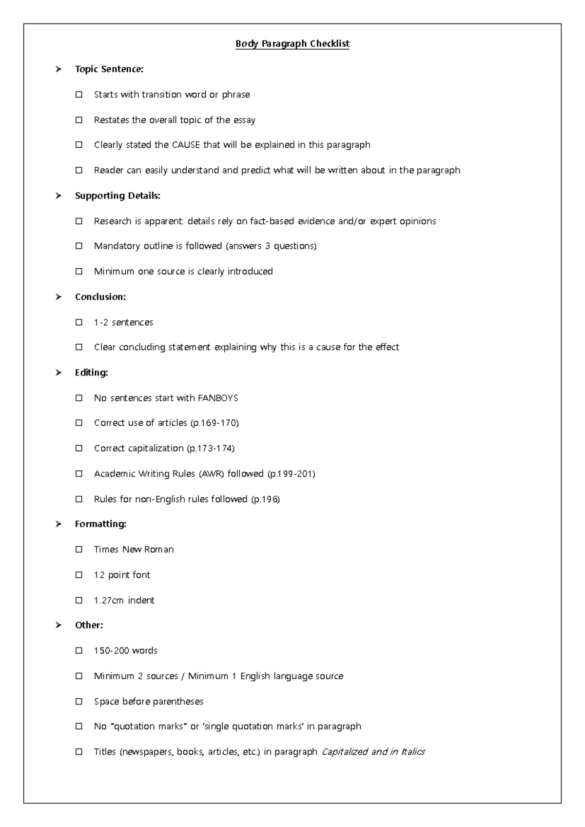 W7D2 - Body Paragraph Checklist for Academic Writing - Studocu