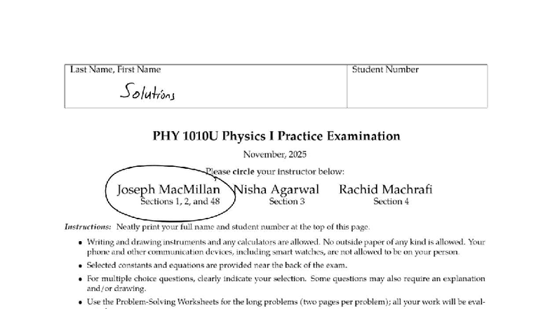 PHY 1010U Physics I Practice Exam Solutions - November 2025 - Studocu
