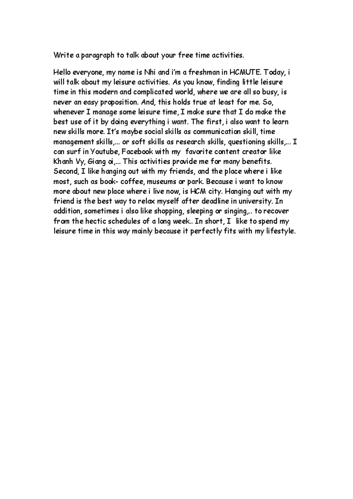 Leisure activities - Write a paragraph to talk about your free time ...