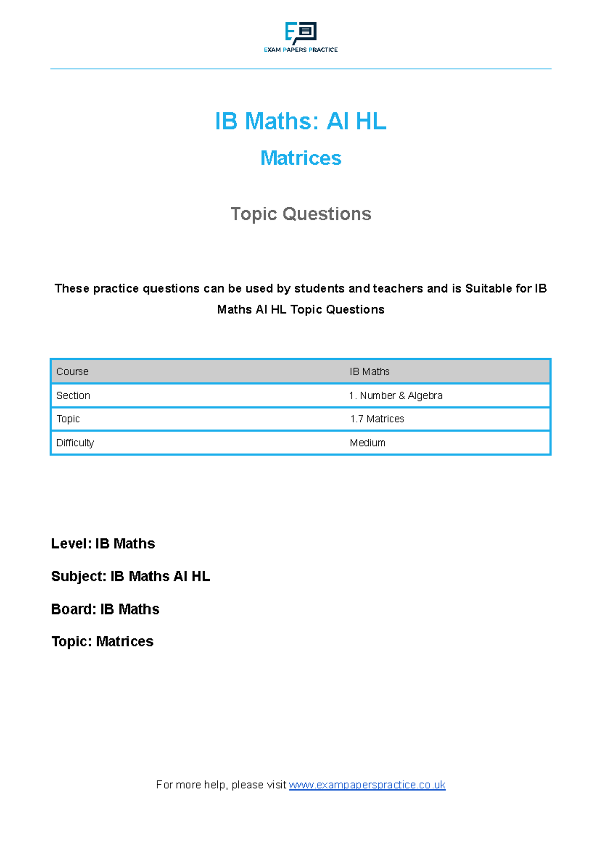 IB Maths AI HL: Practice Questions on Matrices for Topic 1.7 - Studocu