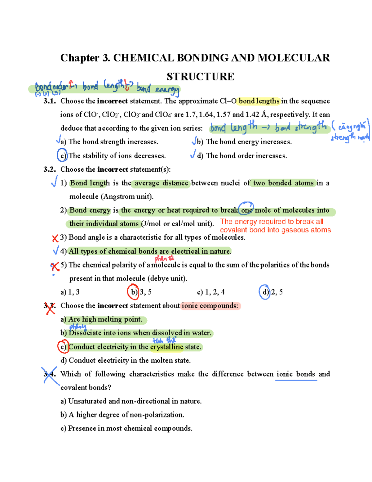 Chapter 3: Exercises on Chemical Bonding Concepts and Principles - Studocu