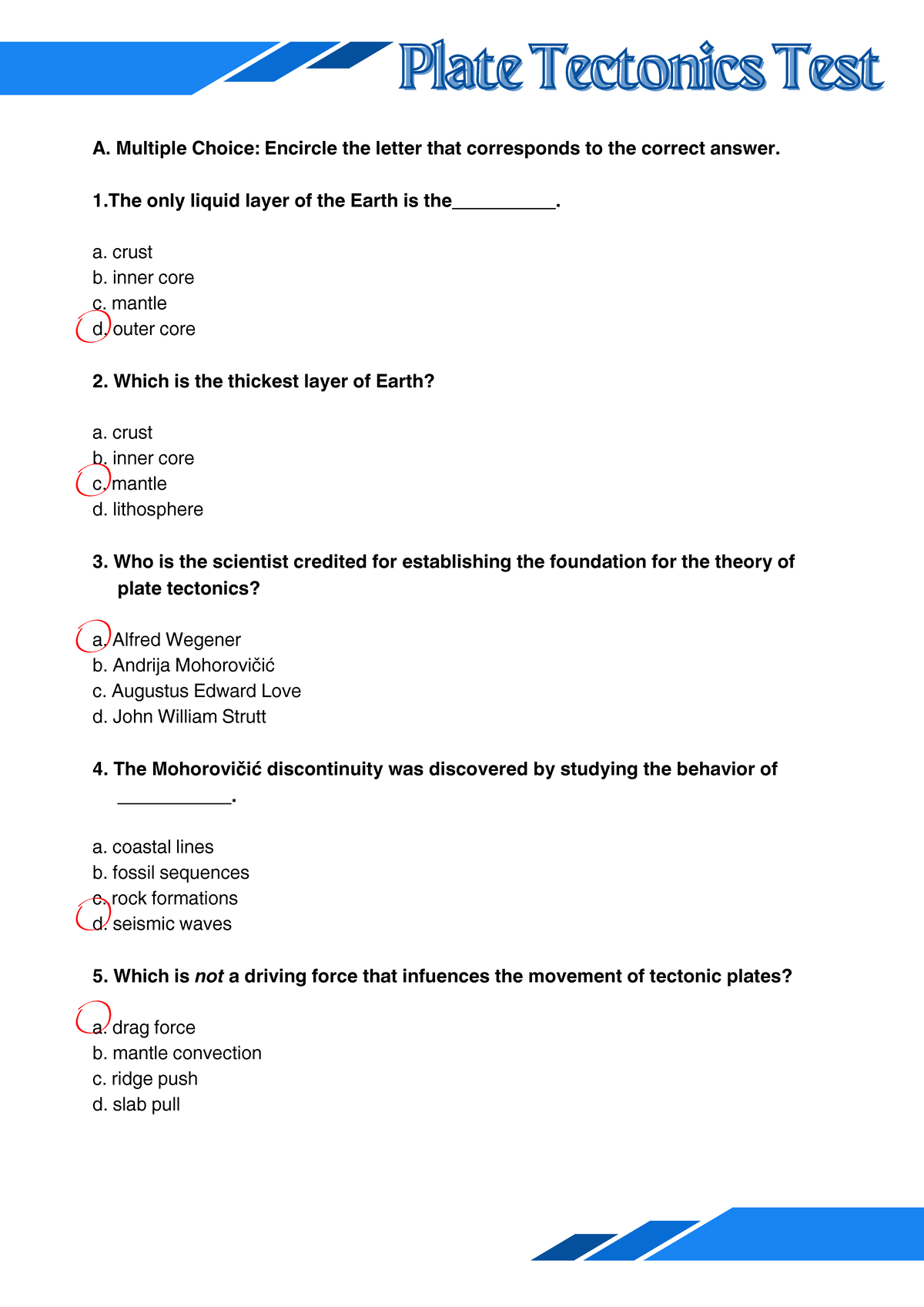 G10 Plate Tectonics TEST - A. Multiple Choice: Encircle the letter that ...