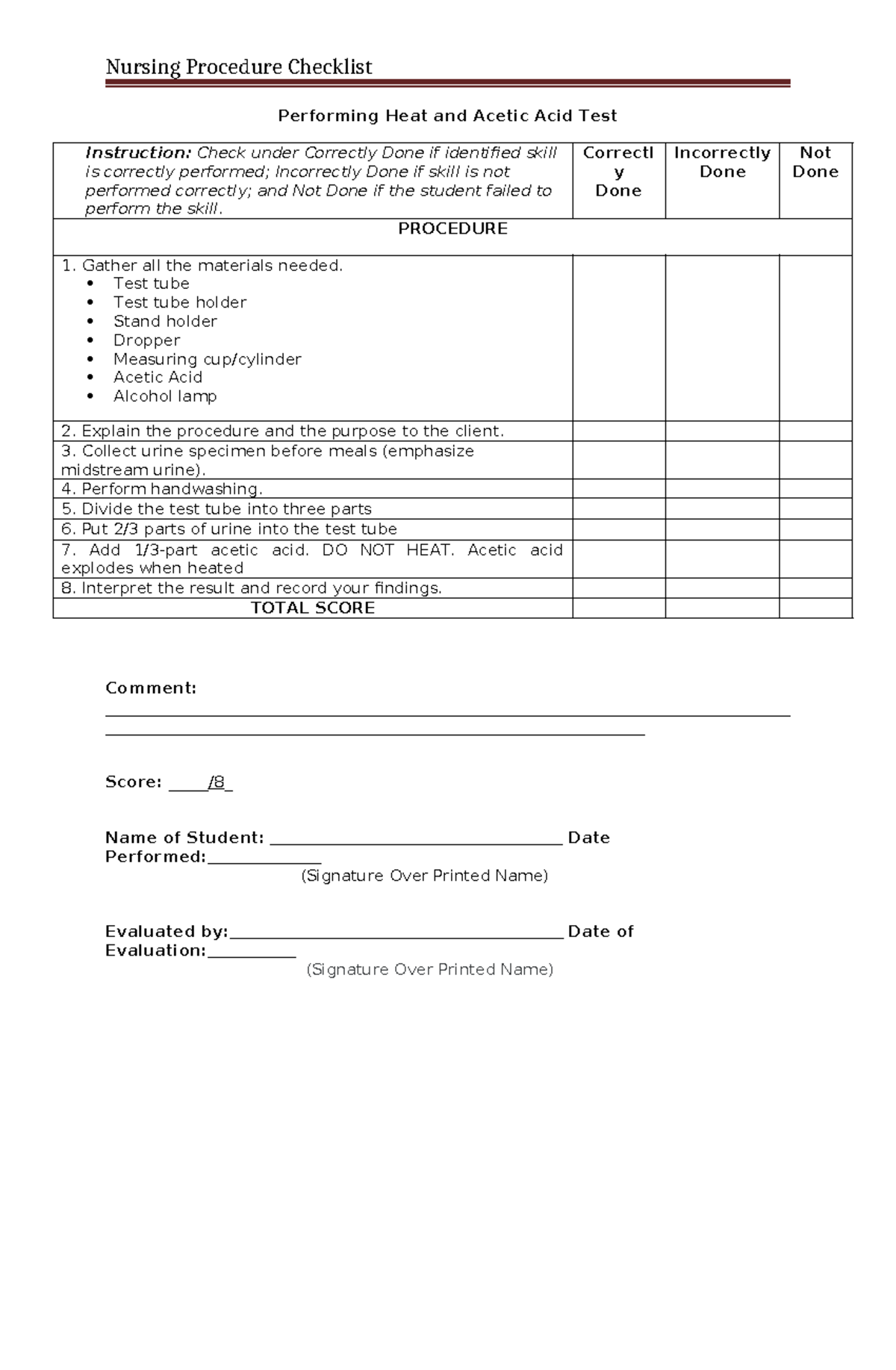 Nursing Skills Checklist: Acetic Acid Test Procedure - Studocu