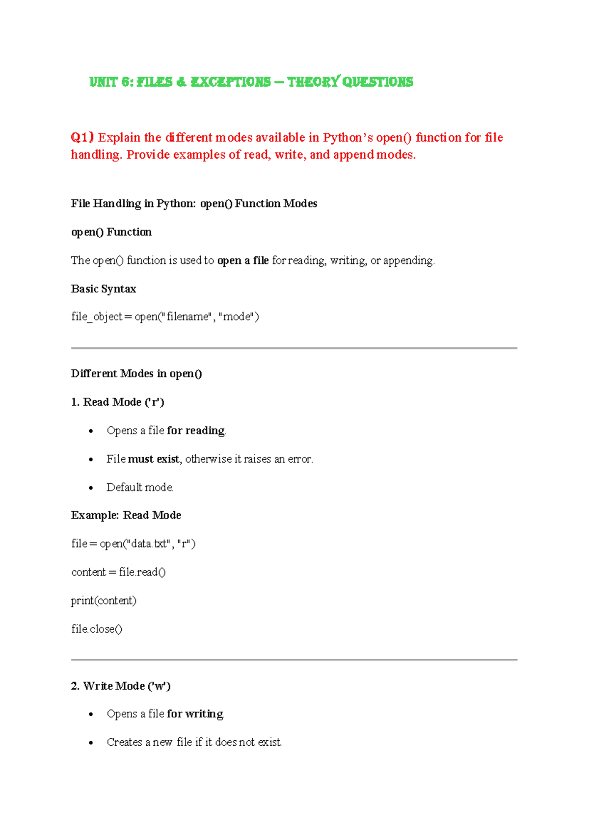 Unit 6: Python File Handling & Exception Management Theory Questions ...