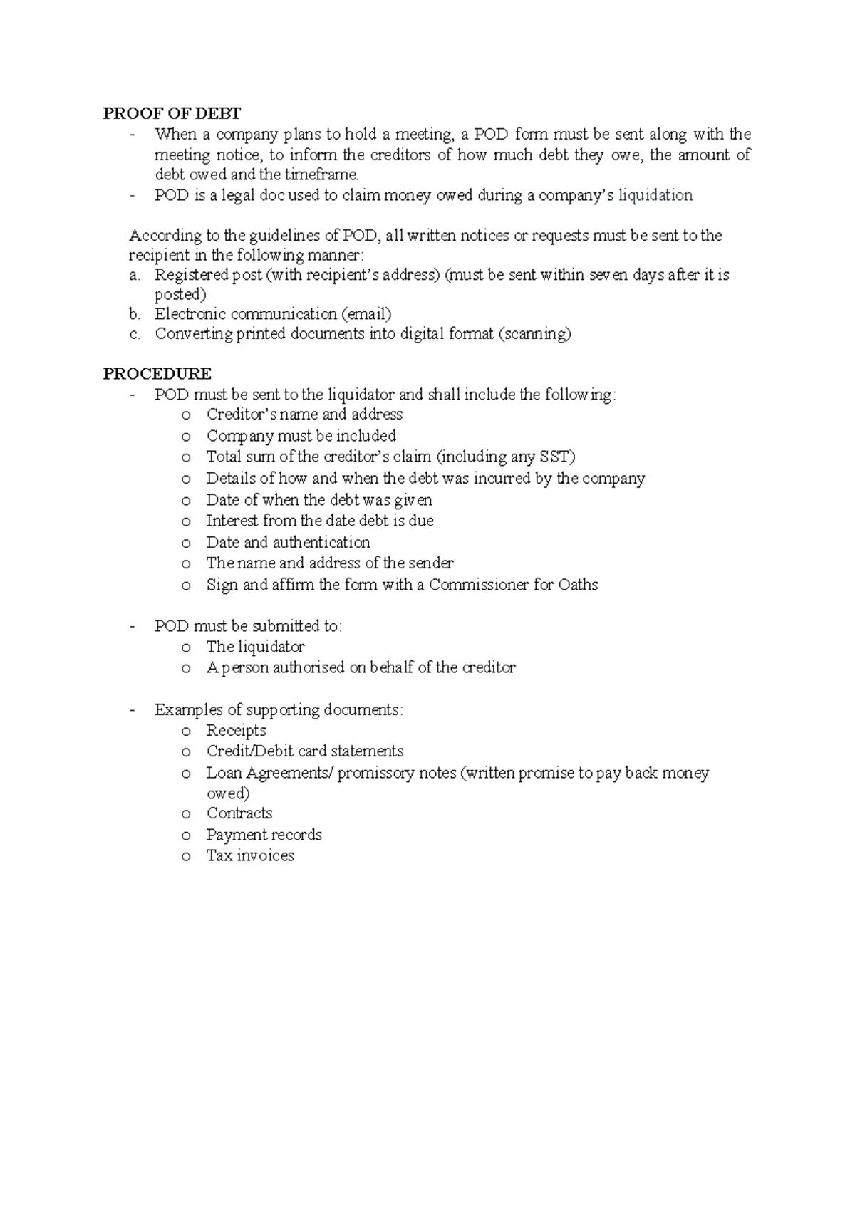 Proof of Debt (POD) Guidelines and Submission Process - Studocu