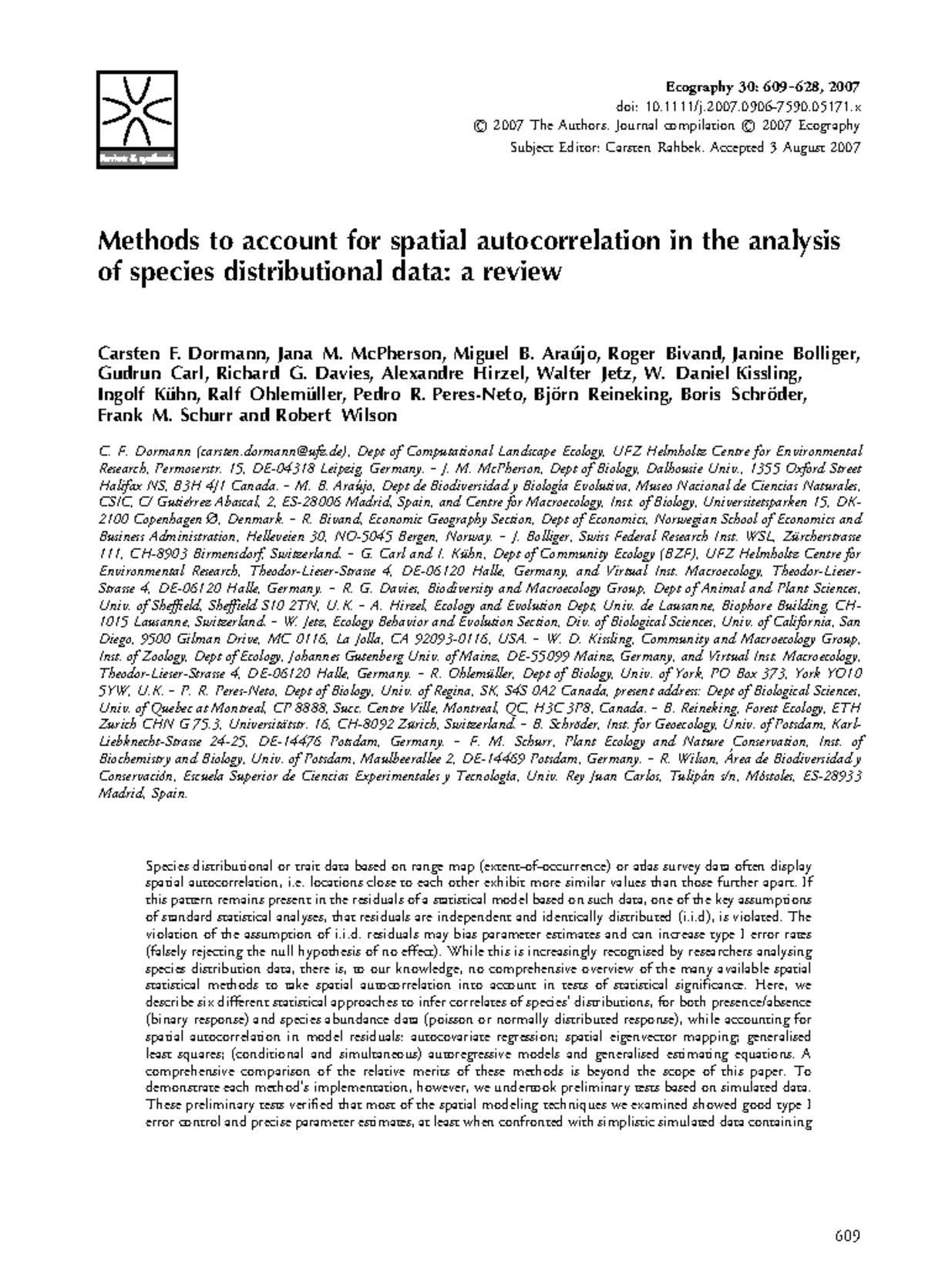 Methods for Addressing Spatial Autocorrelation in Species Distribution ...