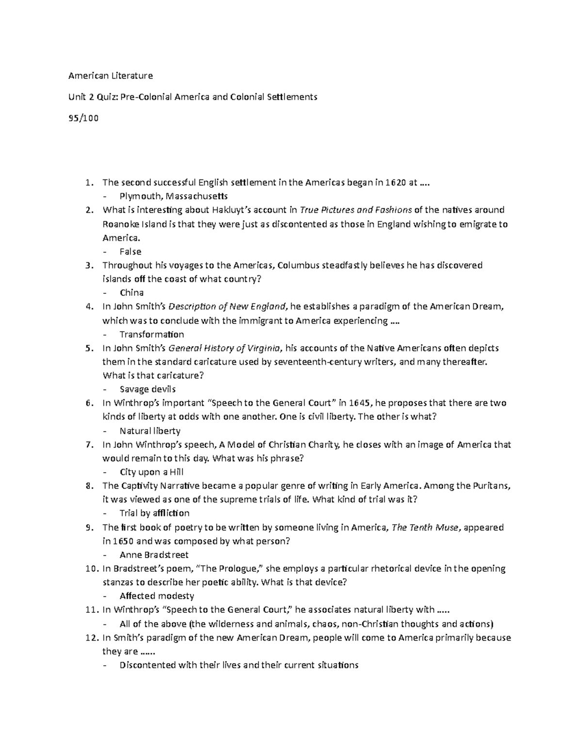 American Lit Unit 2 Quiz - American Literature Unit 2 Quiz: Pre ...