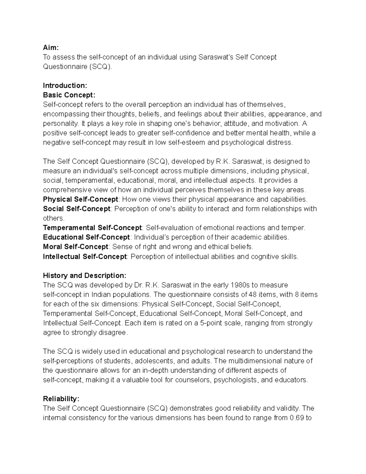 Practical SCQ - Aim: To assess the self-concept of an individual using ...