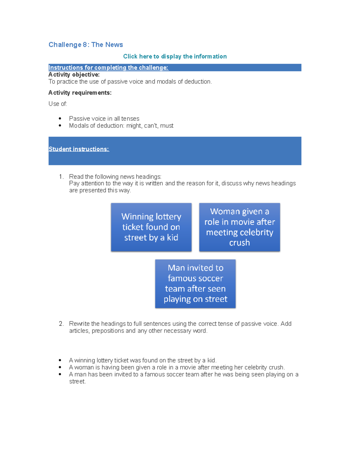 Actividad 8 - Challenge 8: Passive Voice & Modals Practice - Studocu