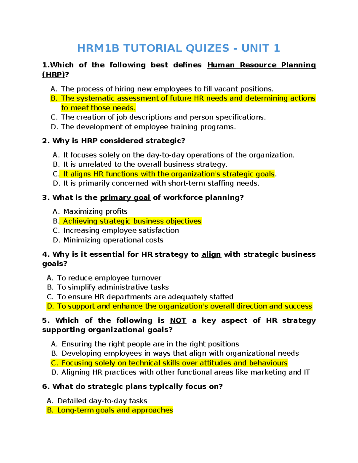 HRM1B Tutorial Quiz Practice - Unit 1 Study Guide - Studocu