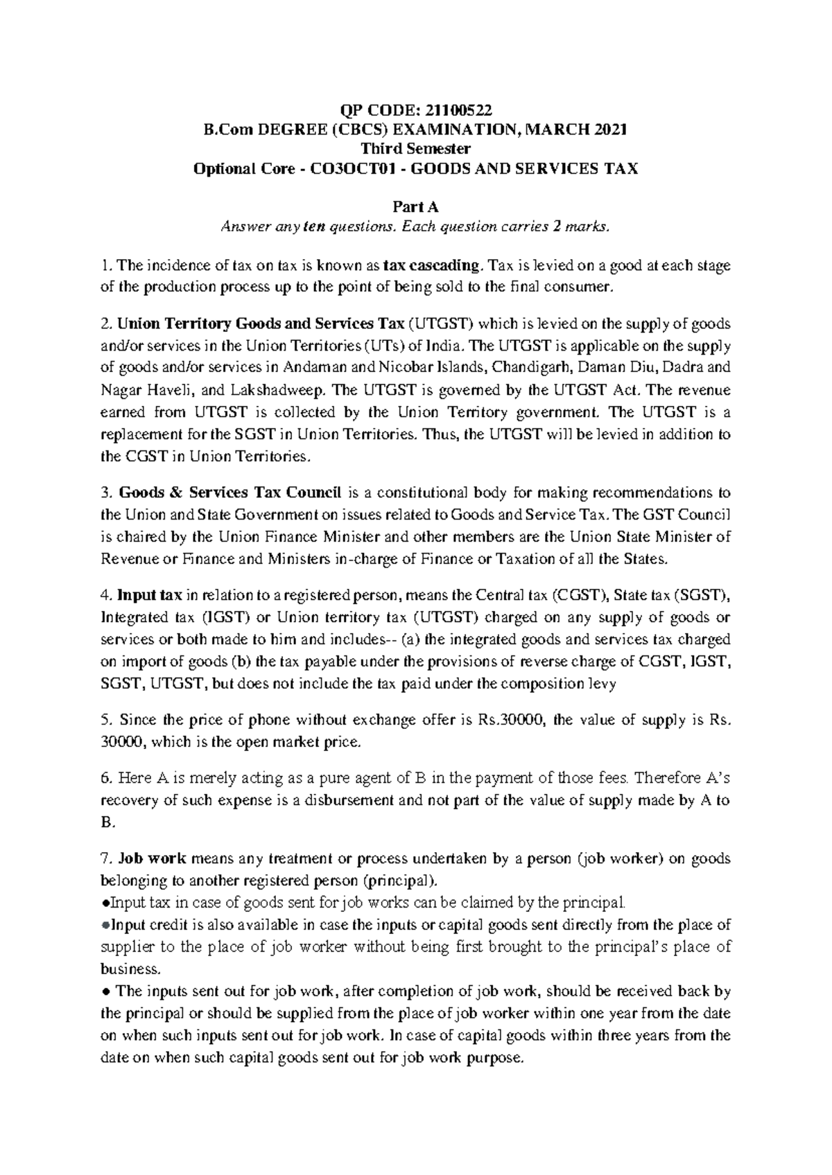 GST March 2021 Exam QP - B.Com 3rd Sem CO3OCT01 Notes - Studocu