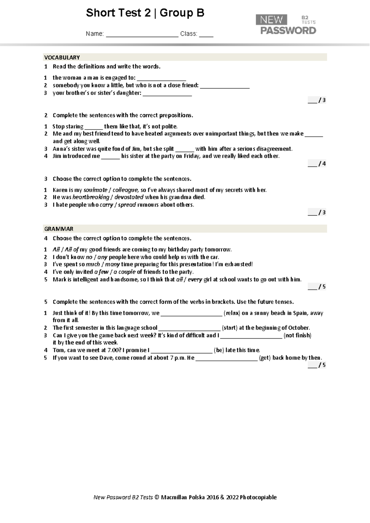 New Password B2 Short Test 2B Vocabulary & Grammar Practice - Studocu