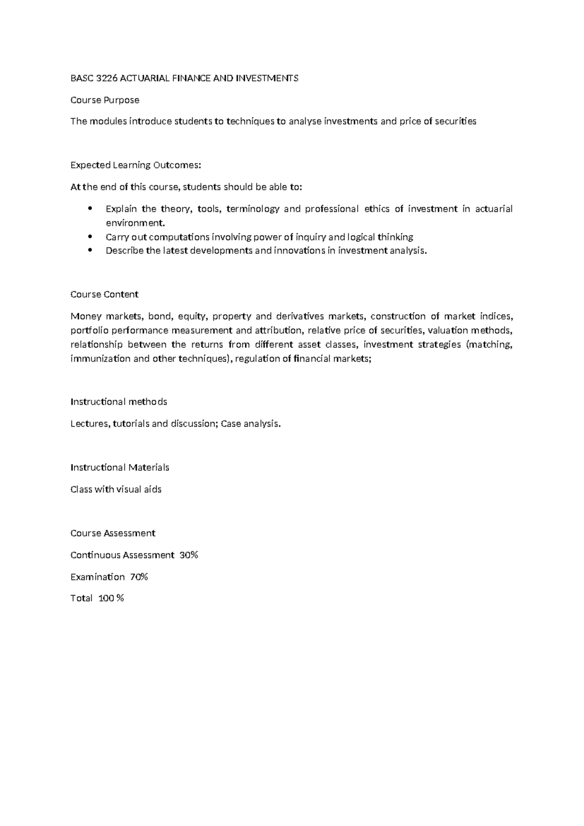 BASC 3226 Actuarial Finance & Investments - Course Overview - Studocu