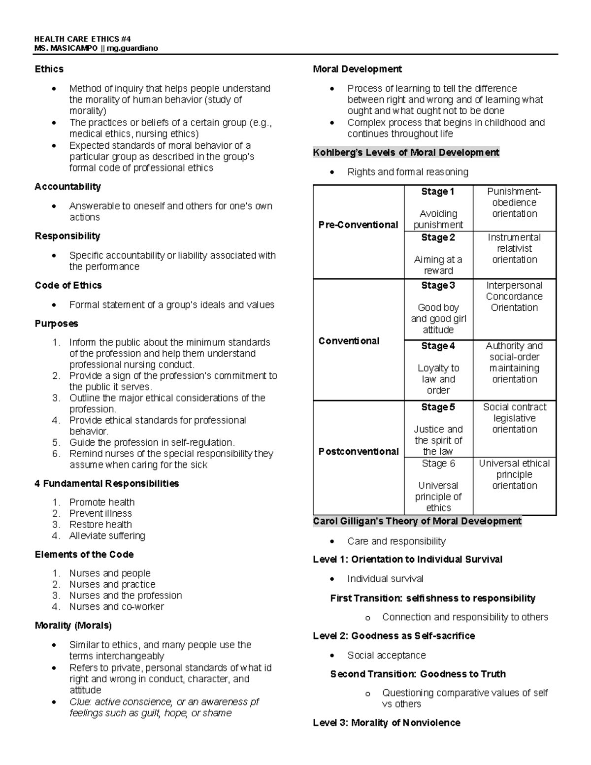 HEALTH CARE ETHICS MS. MASICAMPO: Understanding Moral Development and ...