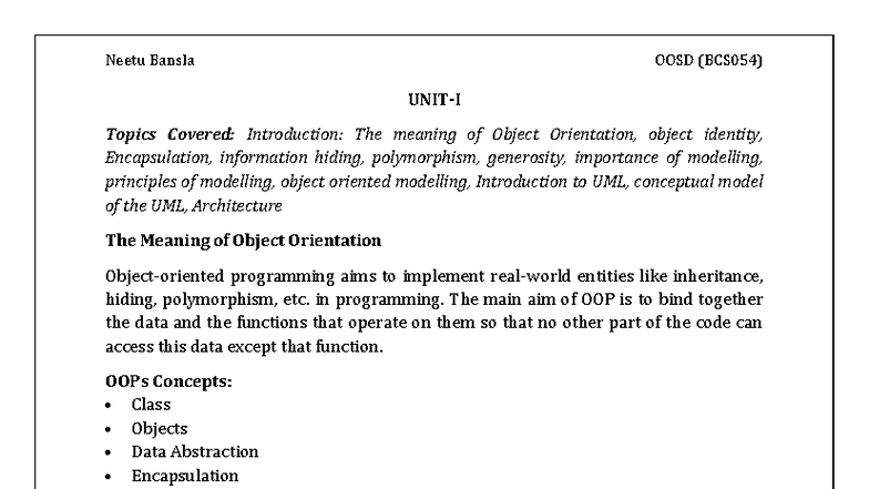 OOSD (BCS054) Unit 1: Key Concepts in Object-Oriented Programming - Studocu