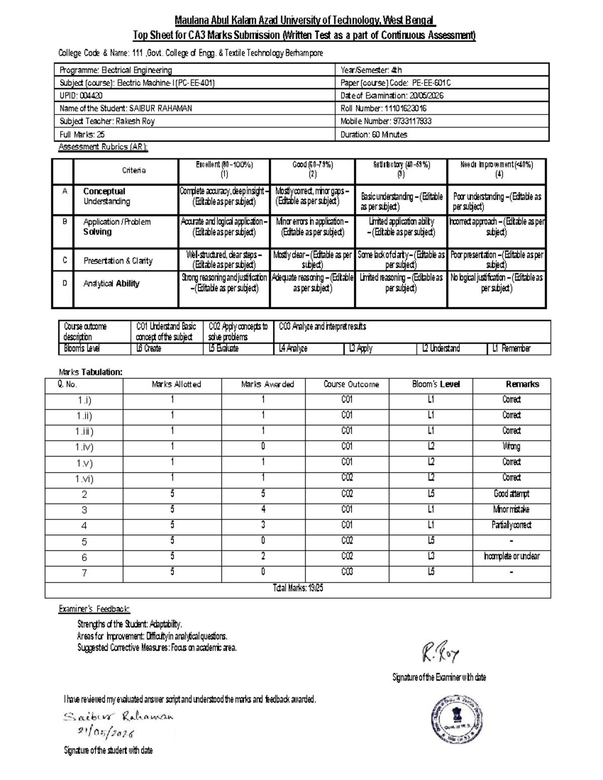 CA3 Marks Submission for Electrical Machine-I (2026) - Saibur Rahaman ...