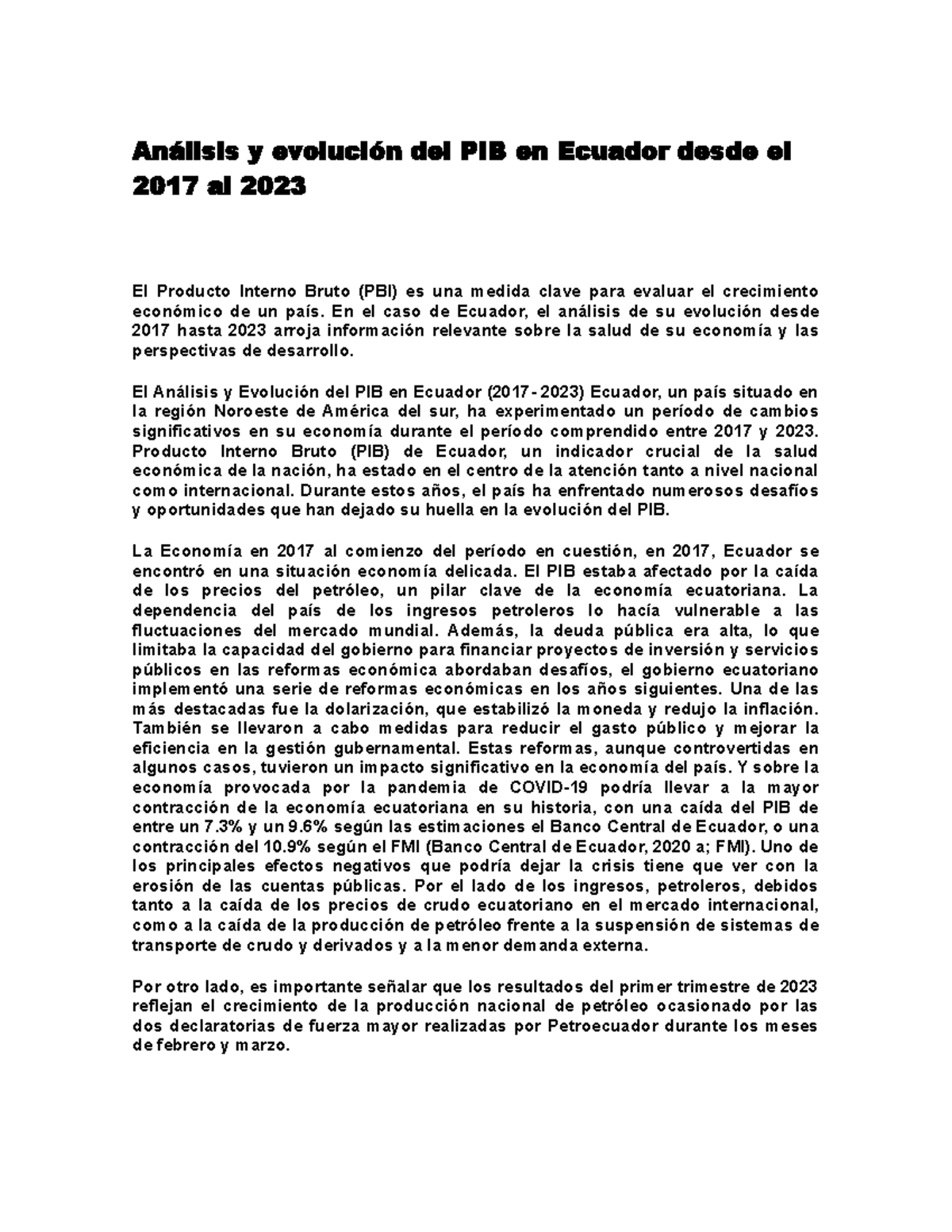 Análisis y Evolución del PIB en Ecuador (2017-2023): Perspectivas ...