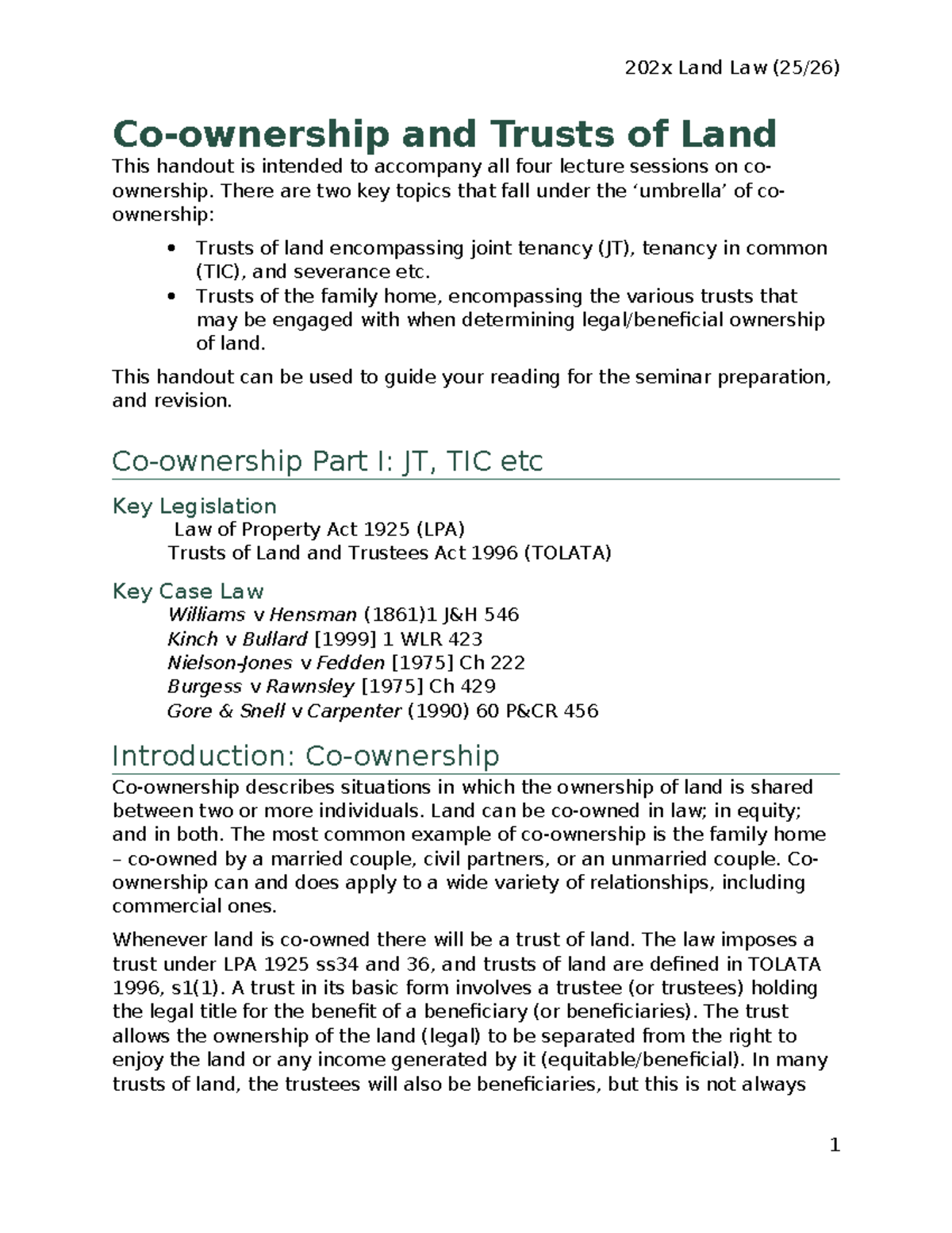 202x Land Law Lecture Notes: Co-ownership and Trusts of Land - Studocu