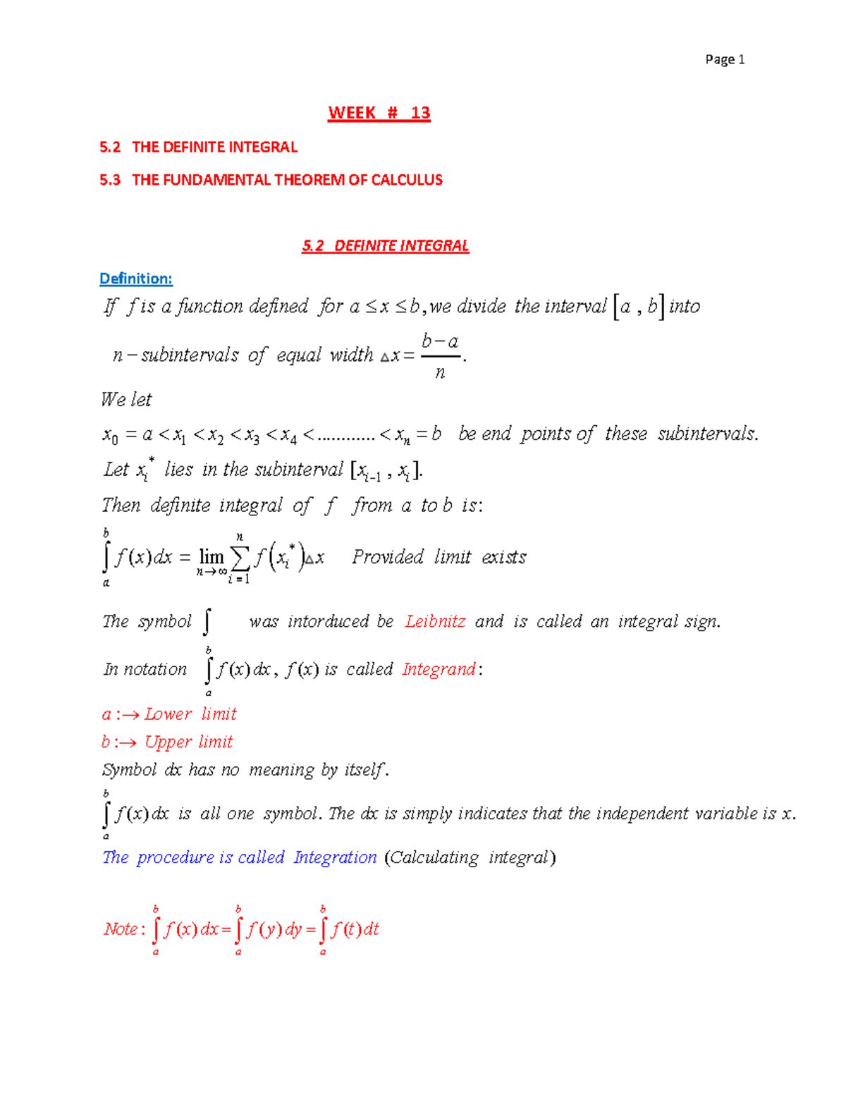 WEEK 13 - Class Notes on Definite Integrals & Fundamental Theorem of ...