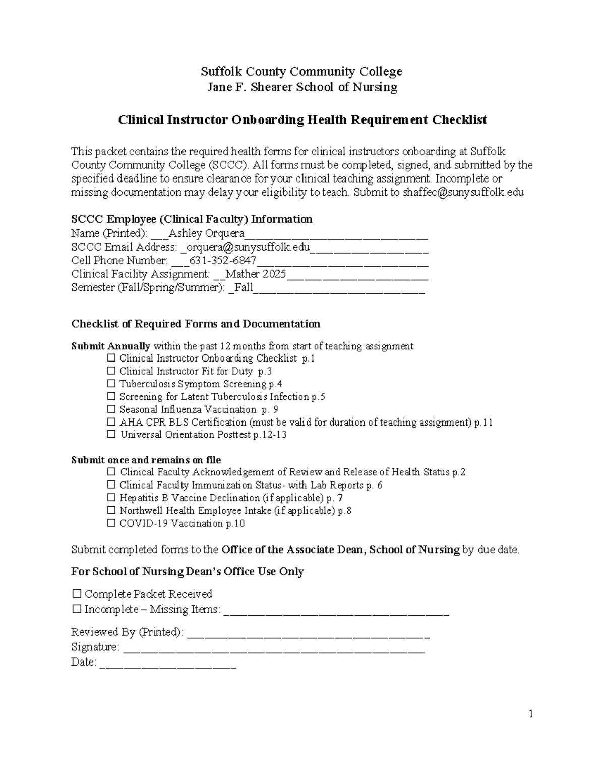 SCCC Nursing Clinical Instructor Onboarding Health Checklist Fall 2025 ...