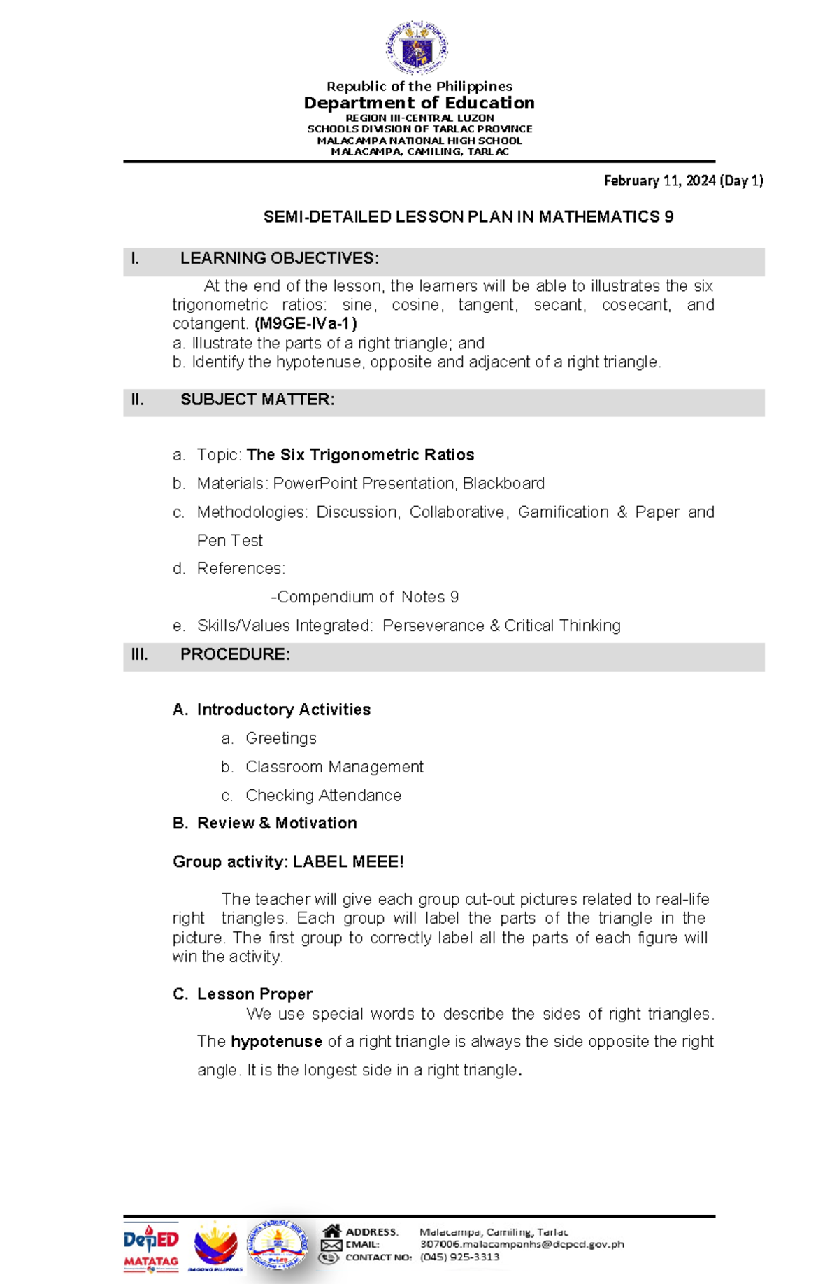 SDLP M9 (4th Quarter, Week 1): Trigonometric Ratios Lesson Plan - Studocu