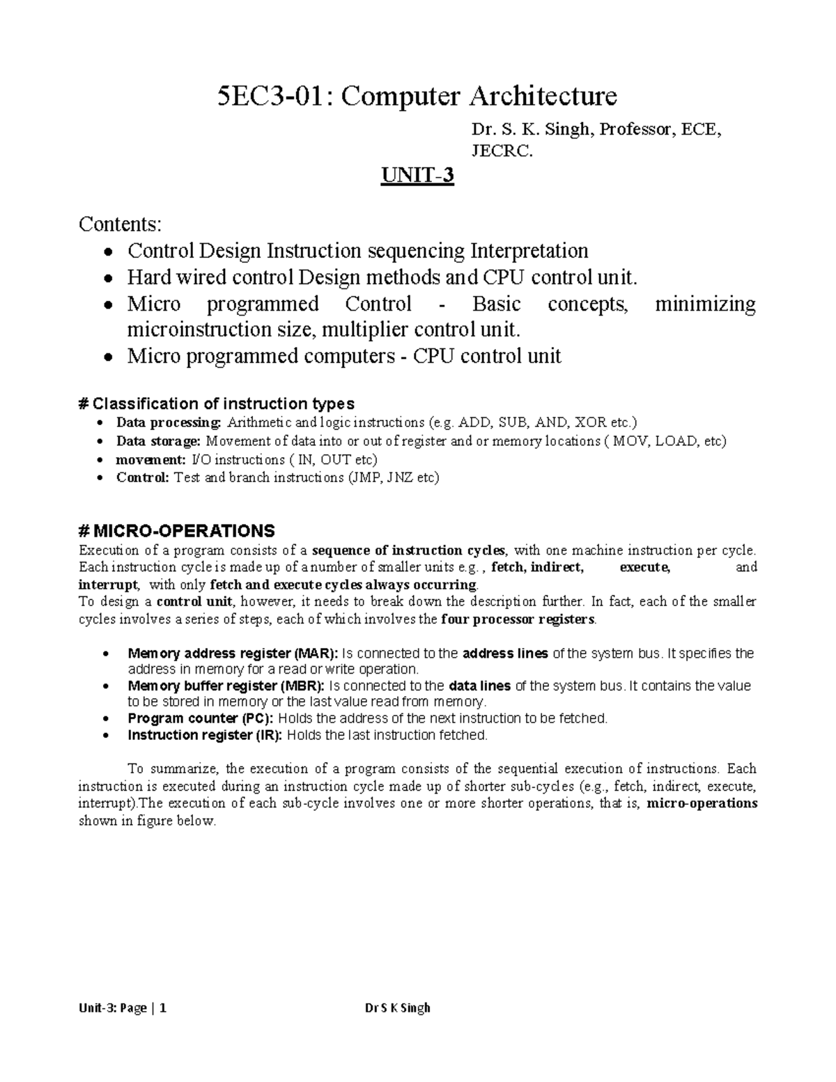 CA Unit 3 - Computer Architecture Notes on Control Design and ...