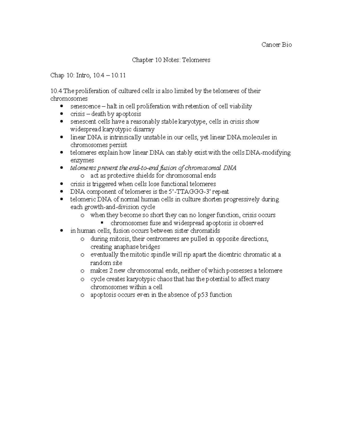 Ch 10 Lecture Notes - Telomeres in Cancer Biology - Studocu