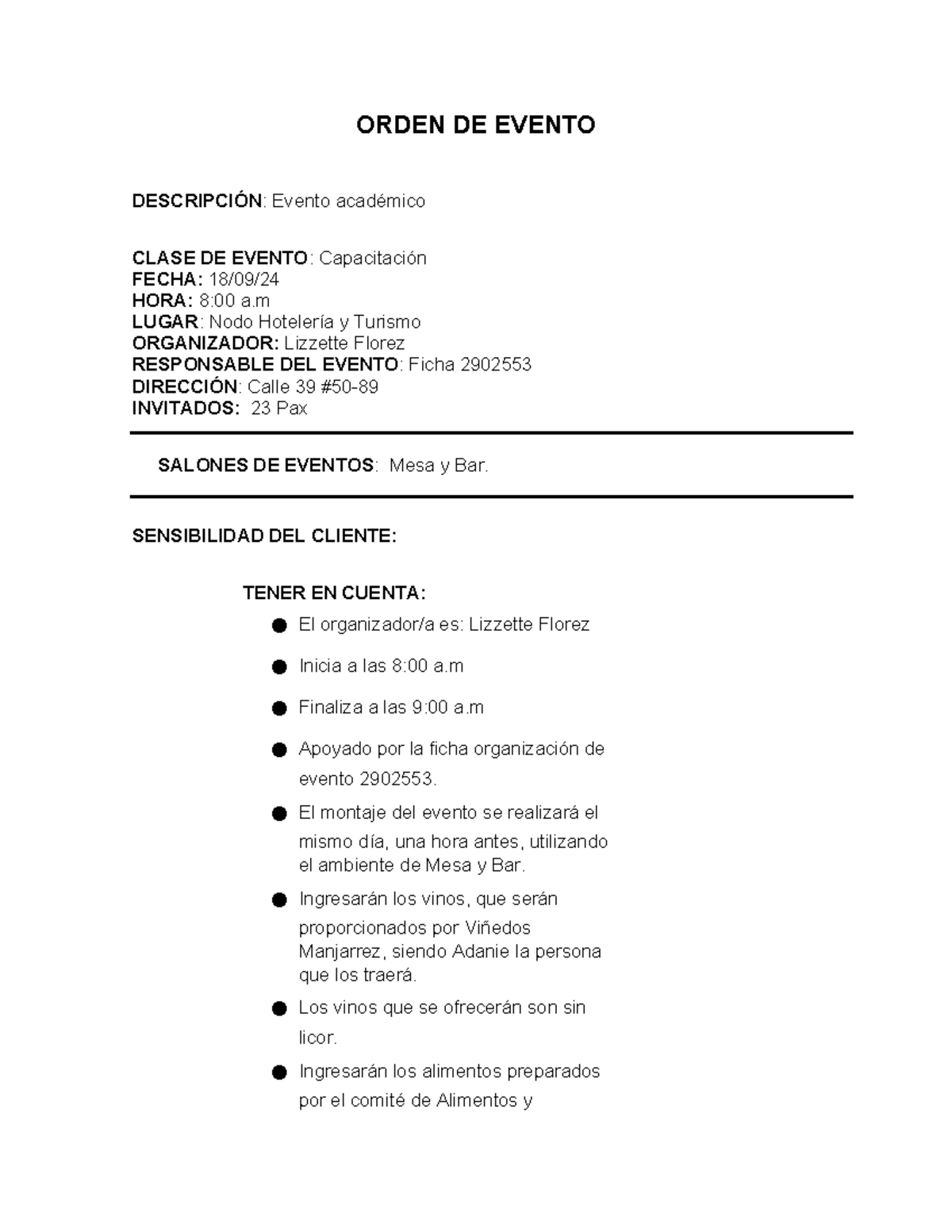 Orden de Evento Académico: Capacitación en Nodo Hotelería y Turismo ...