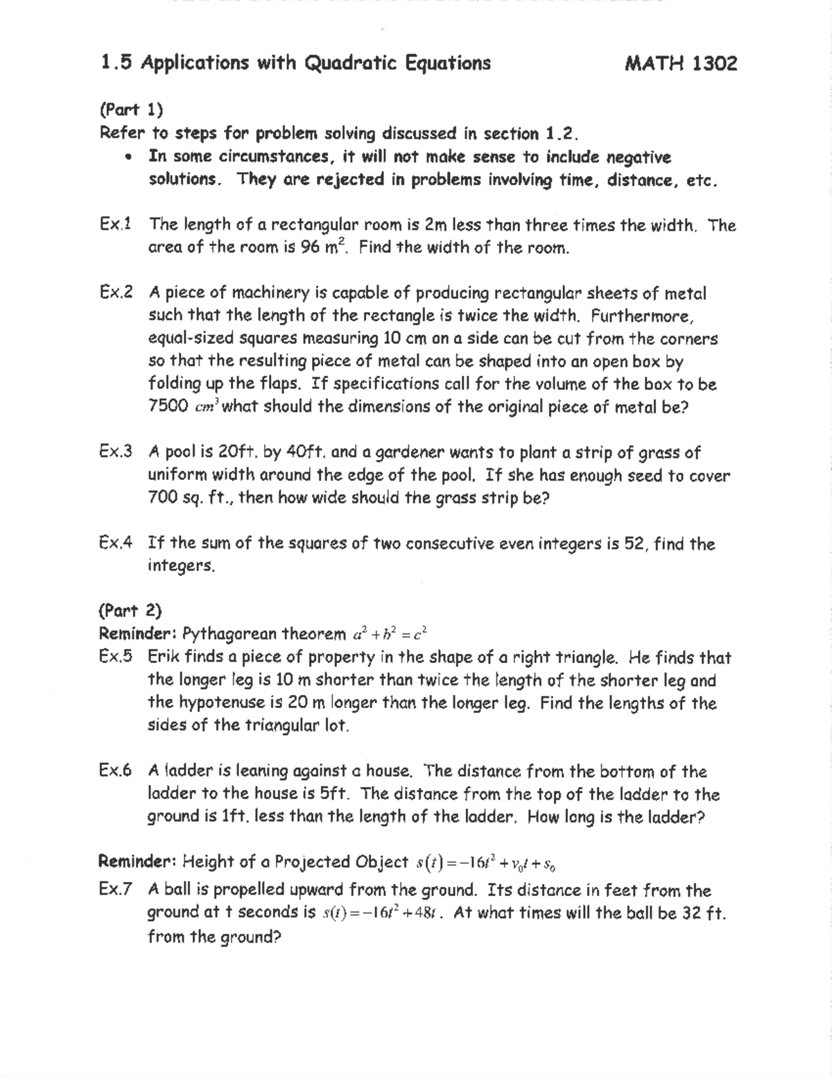 MATH 1302 College Algebra Chapter 1.5: Quadratic Applications Explained ...