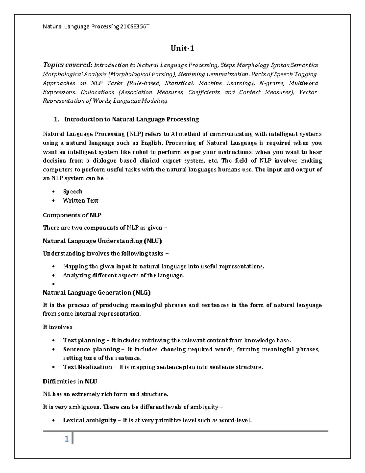 Unit 01 Complete notes - Efgg ggfv gfh - Natural Language Processing ...