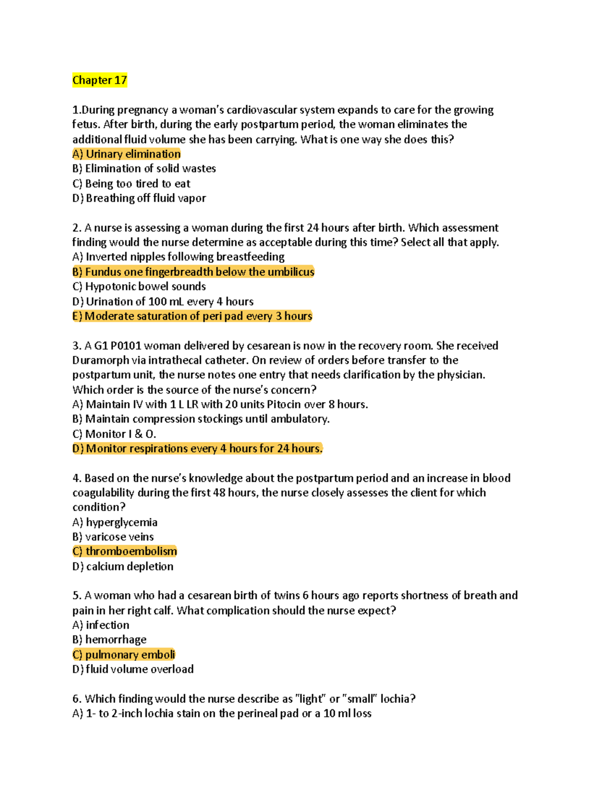 OB EXAM 3: Practice Questions on Postpartum Care and Assessments - Studocu
