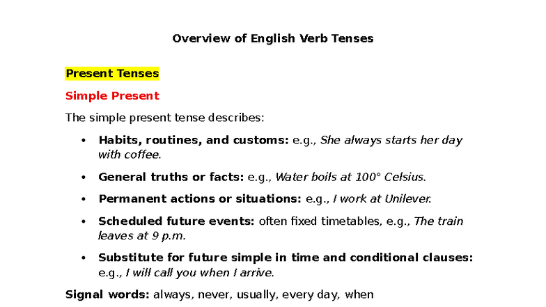 Overview of English Verb Tenses: Present, Past, and Future - Studocu