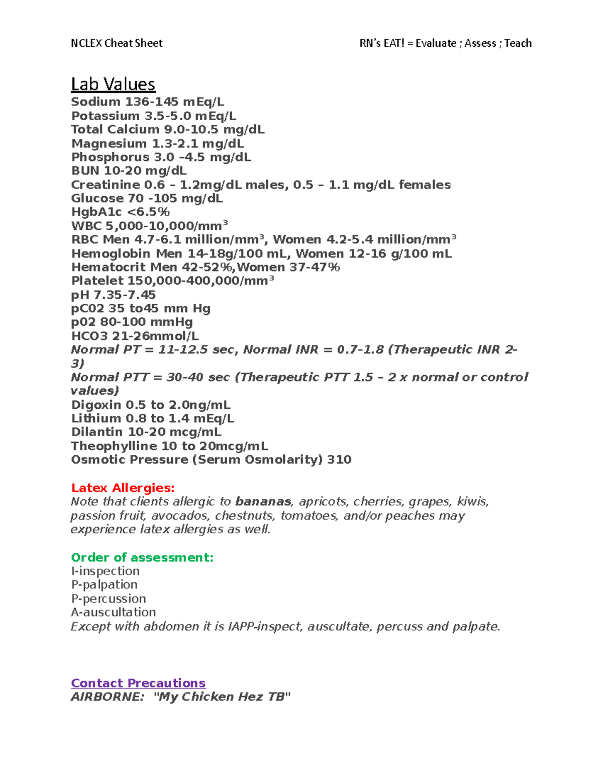 Nclex Cheat Sheet - Few tips and tricks - Lab Values Sodium 136-145 mEq ...